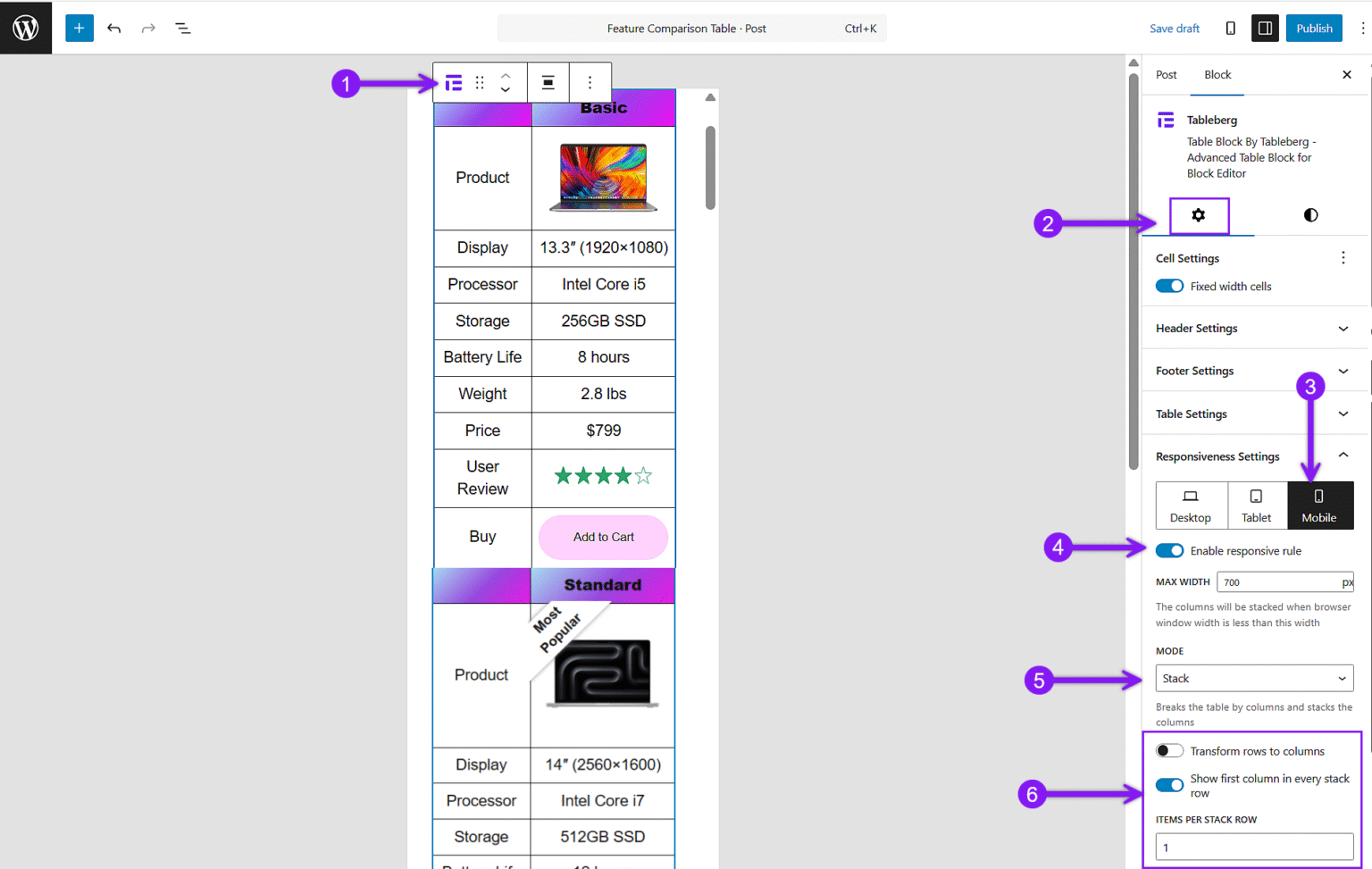 Cómo crear una tabla comparativa de funciones en WordPress