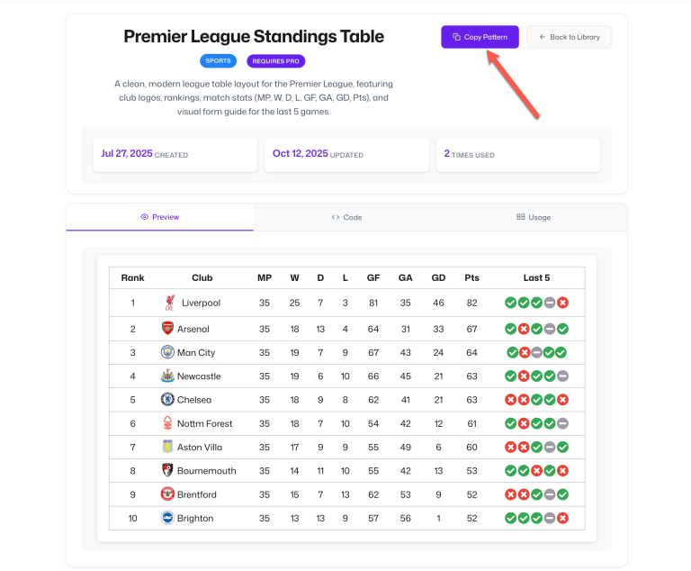 How to Create a League Table in WordPress (Ready Pattern)